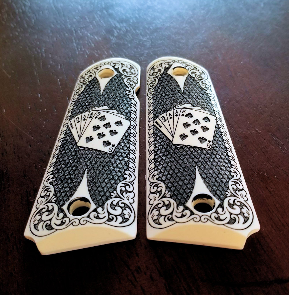 1911 full size custom engraved ivory scrimshaw grips scroll Dead Man ...