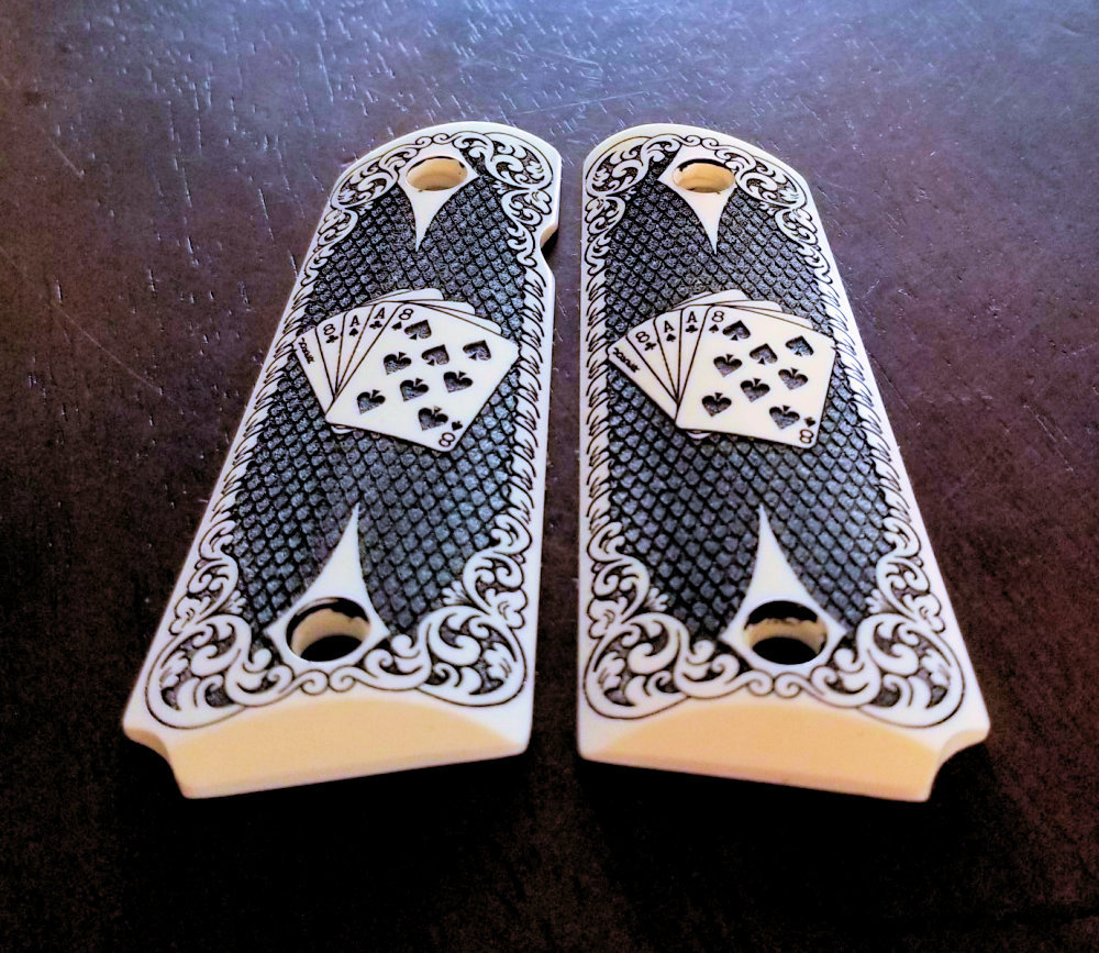 1911 full size custom engraved ivory scrimshaw grips scroll Dead Man ...