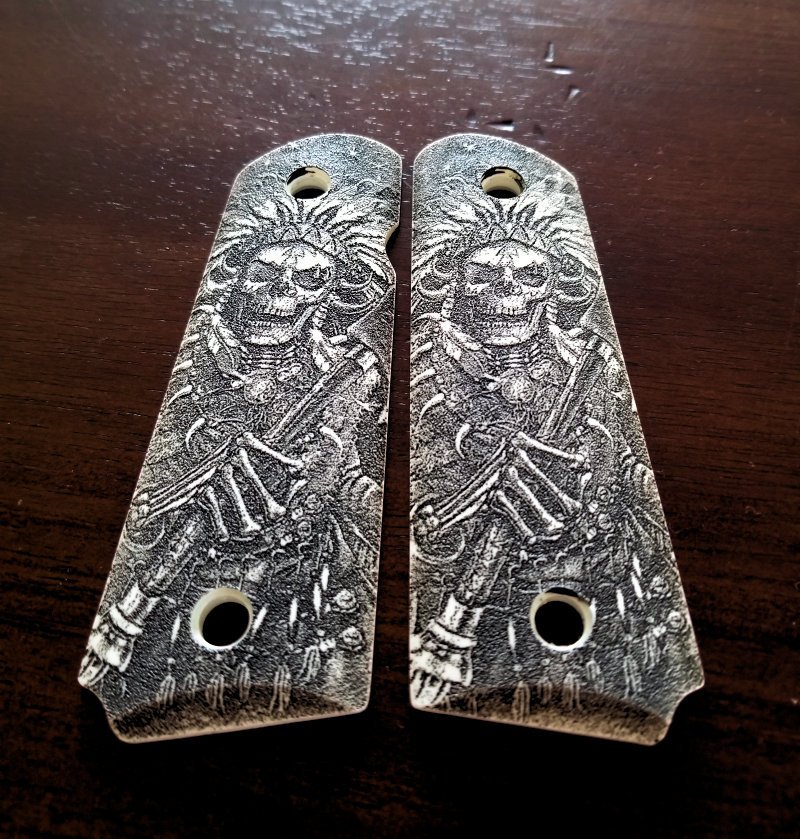 1911 custom engraved ivory scrimshaw grips native indian Grim Reaper ...