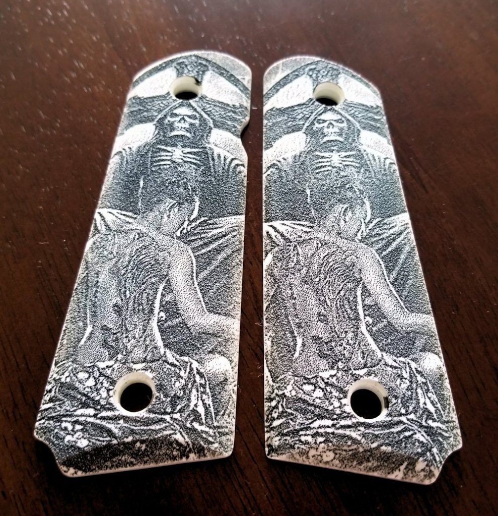 1911 custom engraved ivory scrimshaw grips Grim Reaper and Sexy Lady 4 ...