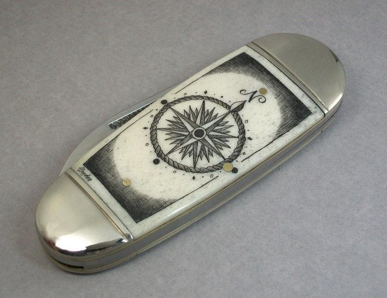 Scrimshaw Knife, Pocket Knife, Cow Bone scales with hand etched Compass ...