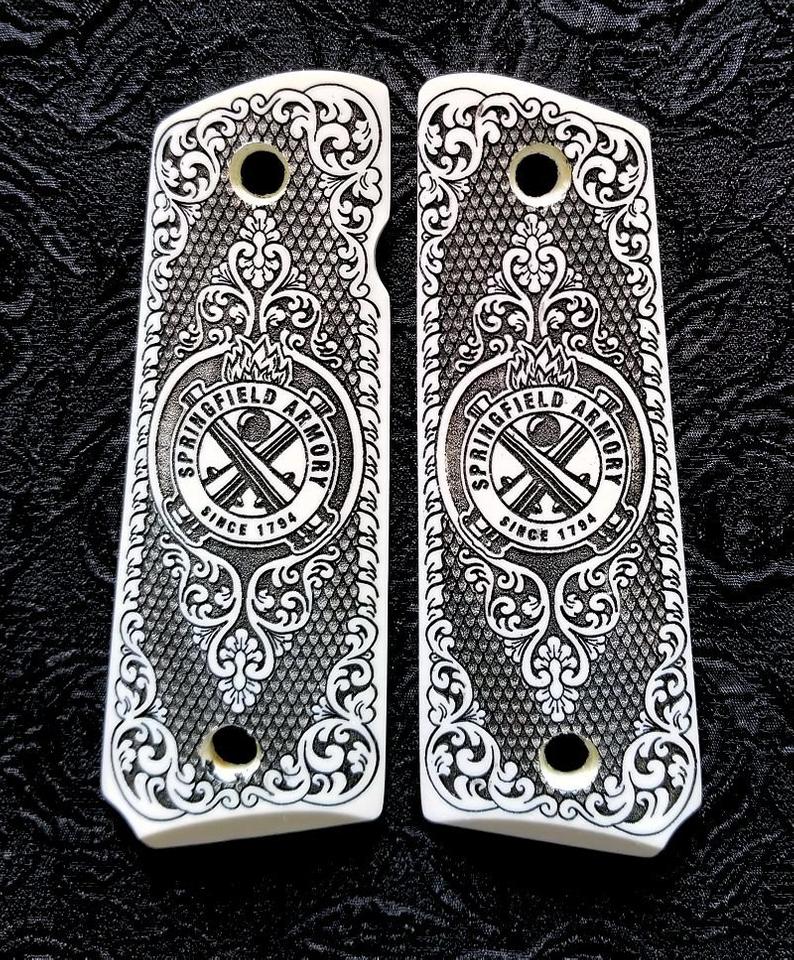 Springfield Armory 1911 full custom ivory scrimshaw grips scroll Logo ...