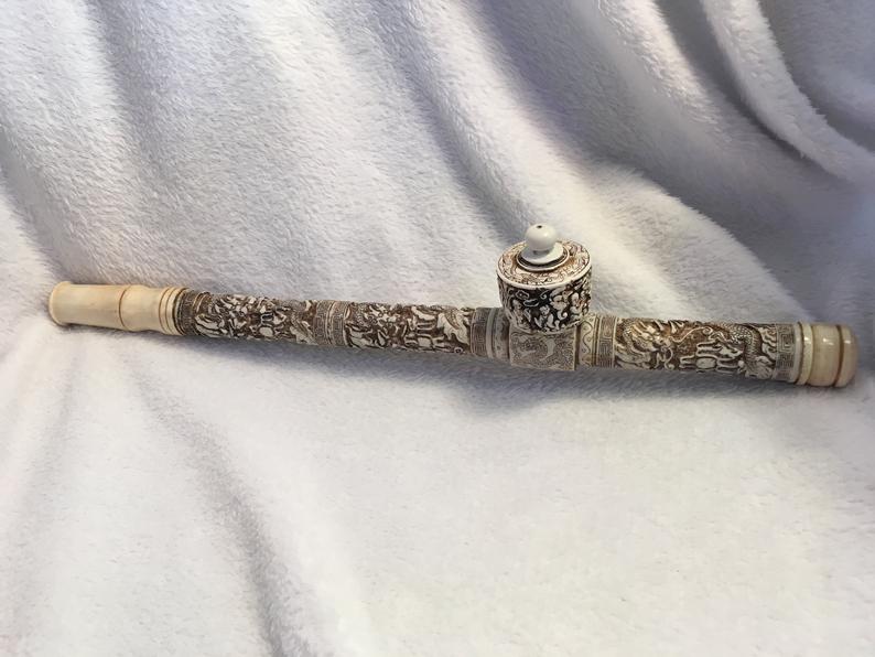 Chinese carved Dragon old scrimshaw Ox bone look Resin Decoration pipe ...