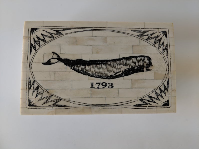 Vintage 1793 Whale replica Scrimshaw Box - 1793 - Ox Bone - Wood ...