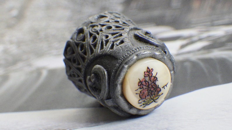 Vintage Ornate Pewter Fleur de Lis Thimble Carved Scrimshaw Purple ...