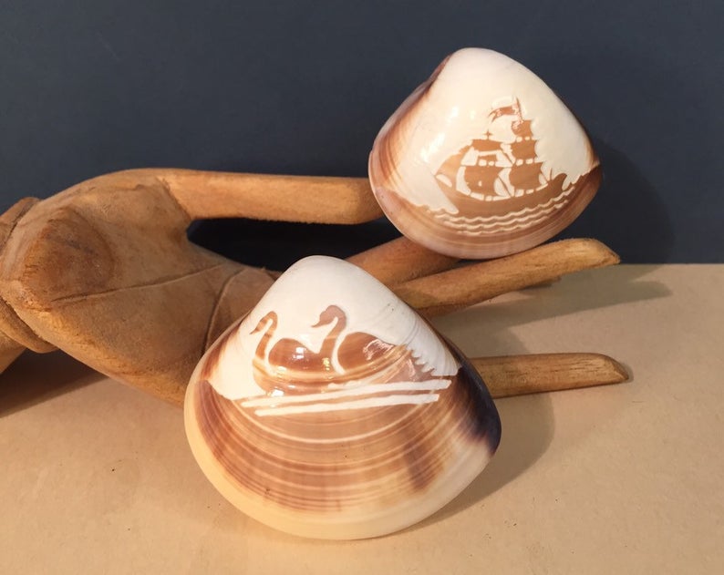 Two Unusual Cameo Carved Real Clam Sea Shells, Pair of Swans and ...