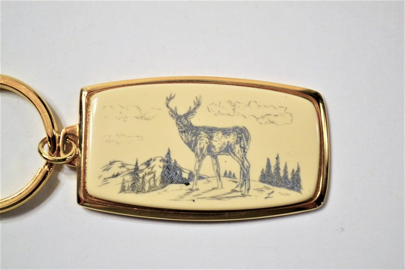 Vintage Anson Keychain Faux Scrimshaw Deer Buck Key Fob with Box ...