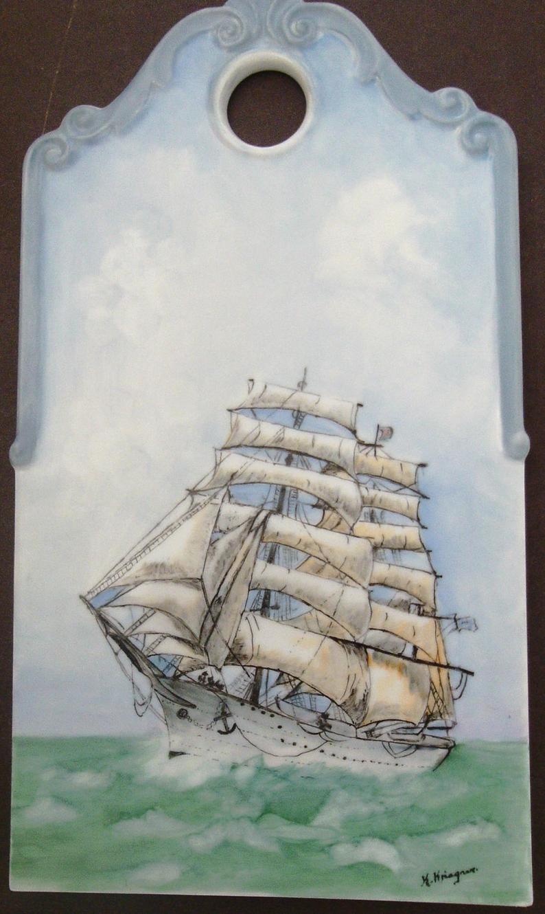 Schooner Sailing Ship Painting on Porcelain Plaque - 1970's | Schooner ...