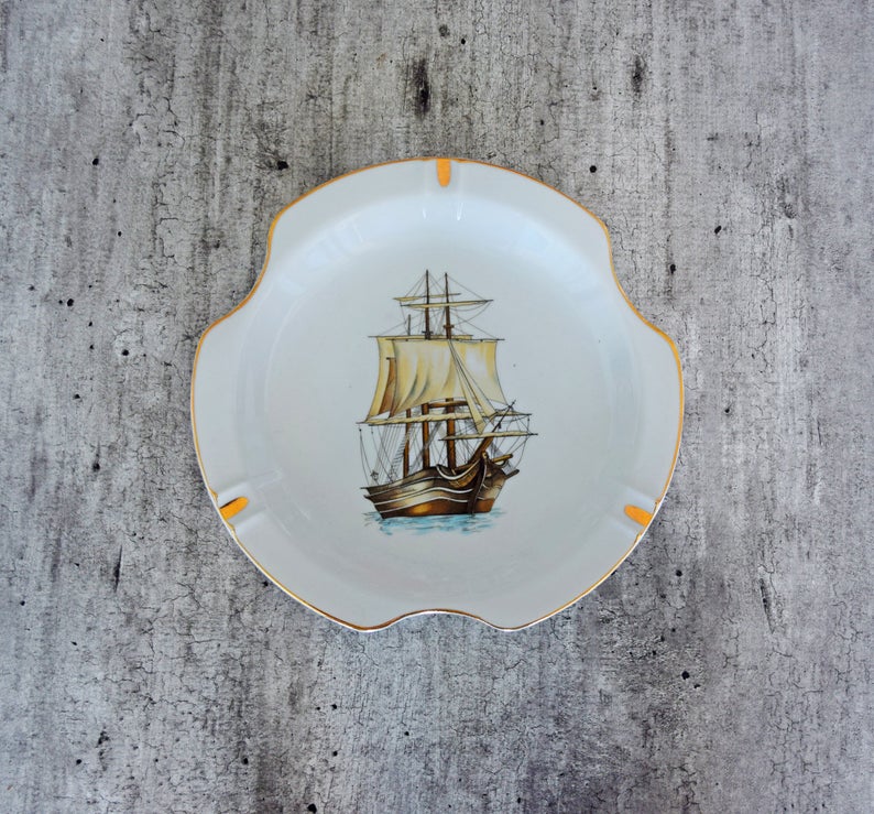 Vintage Coastal Nautical Marine Tall Sailing Ship Three-Masted Schooner ...