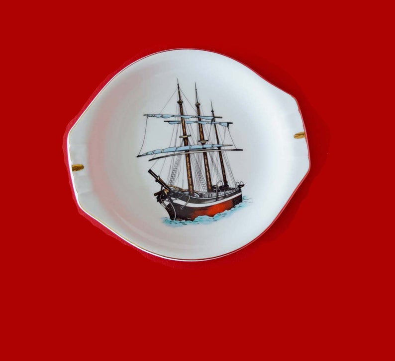 Vintage Nautical Coastal Marine Tall Sailing Ship Three Masted Schooner ...