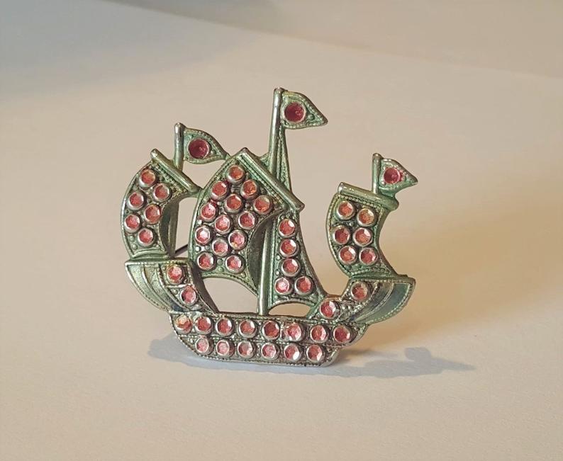 Vintage - Light Metal - Painted - Schooner - Ship - Brooch - Cruise ...