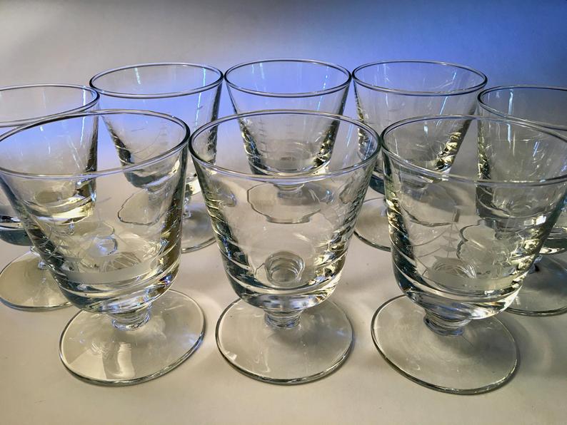 Stunning set of 8 etched schooner ship 'on the rocks' glasses ...