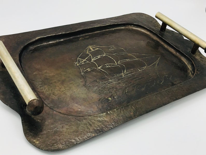 Antique Hammered Copper Serving Tray Handles Clipper Ship Schooner Hand ...