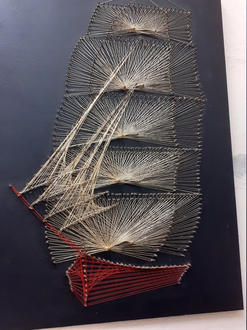 Absolutely stunning vintage retro string art red and gold sailing ship ...