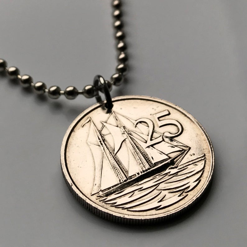1987 Cayman Islands 25 Cents coin pendant schooner sail boat ship ...