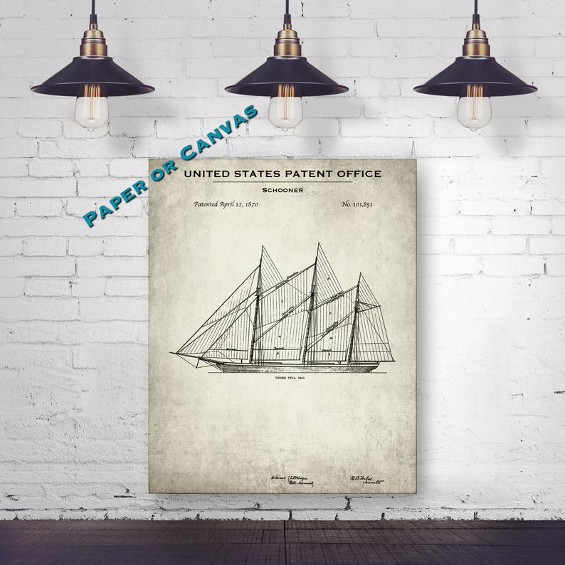1870 Schooner Patent Print - Vintage Ship Design Blueprint - Nautical ...