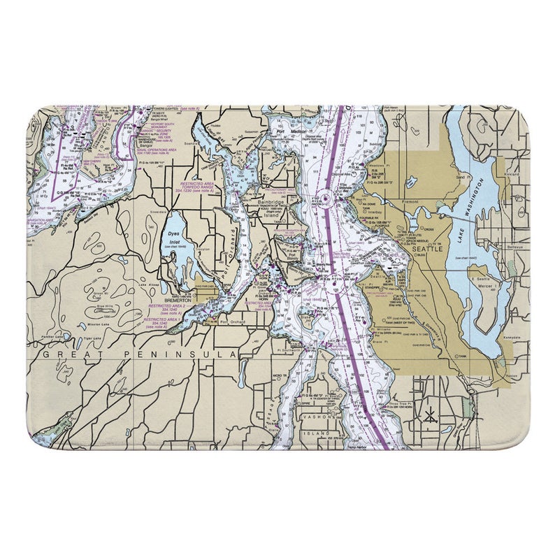 WA: Seattle, WA Nautical Chart Memory Foam Bath Mat, Map Floor Mat, Map ...