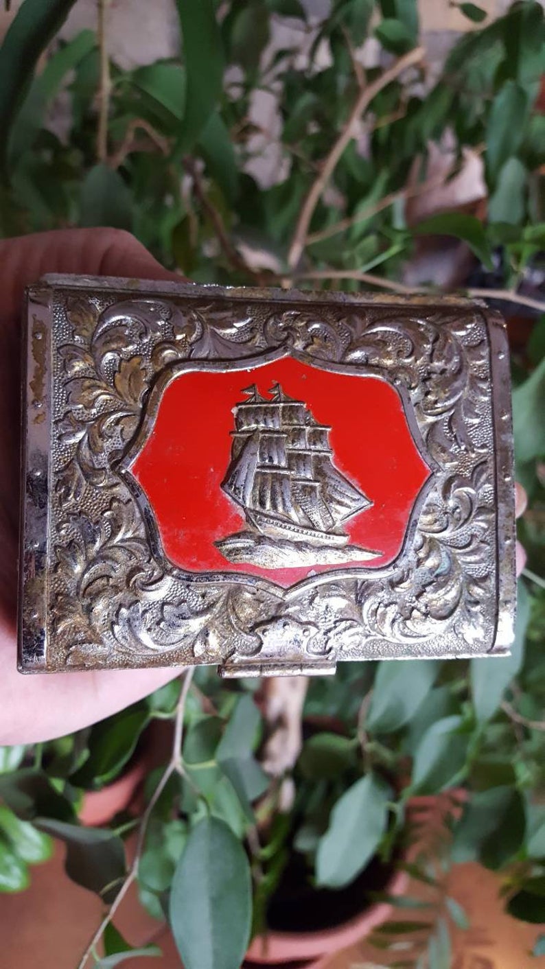 Vintage Schooner Pirate Ship Jewelry Trinket Box Red Velvet Interior ...
