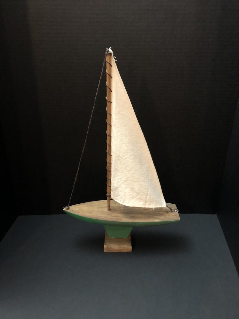 Vintage Primitive Handmade Wooden Sailboat with Canvas Sail | Schooner ...