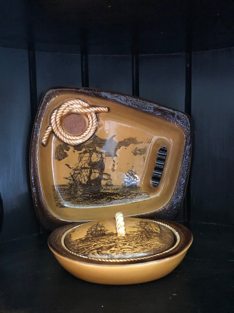 Vintage Ceramic Cigarette box with matching ashtray,Retro Schooner ...