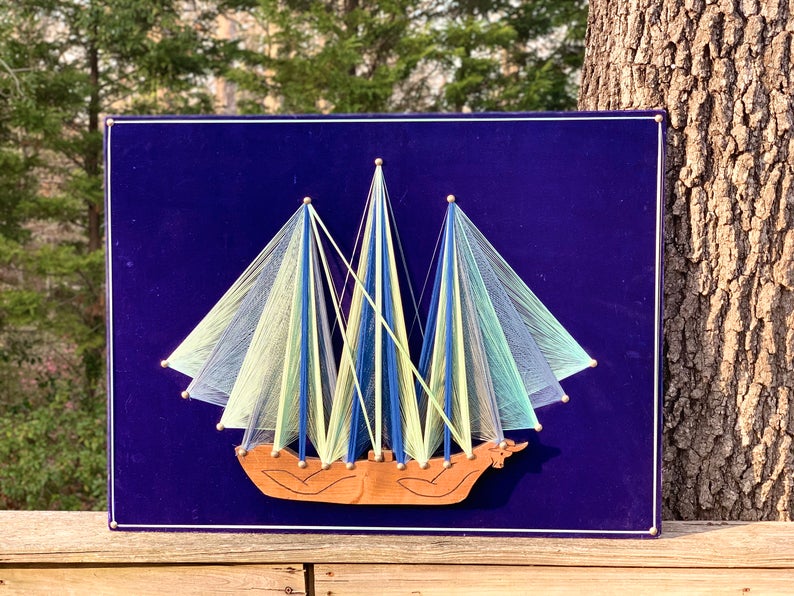 Vintage 1970s MID Century Modern String Art Sailboat Boat Ship On Blue ...