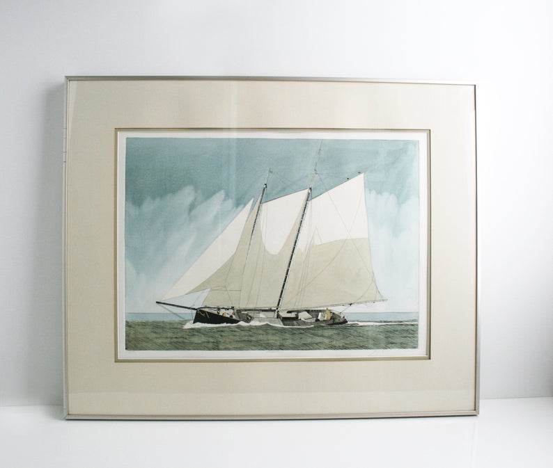 Original Art Print Sailboat Pilot Schooner Artist Signed Mid Century ...