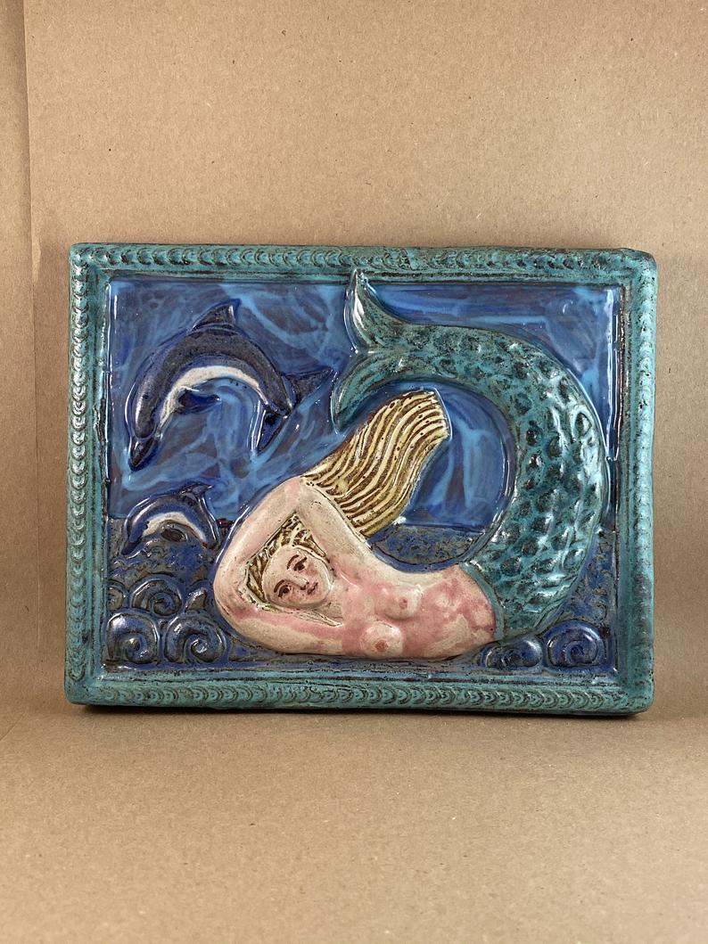 Mermaid with Dolphins (teal border) (9 x 7.5 inch aprox) | Schooner ...
