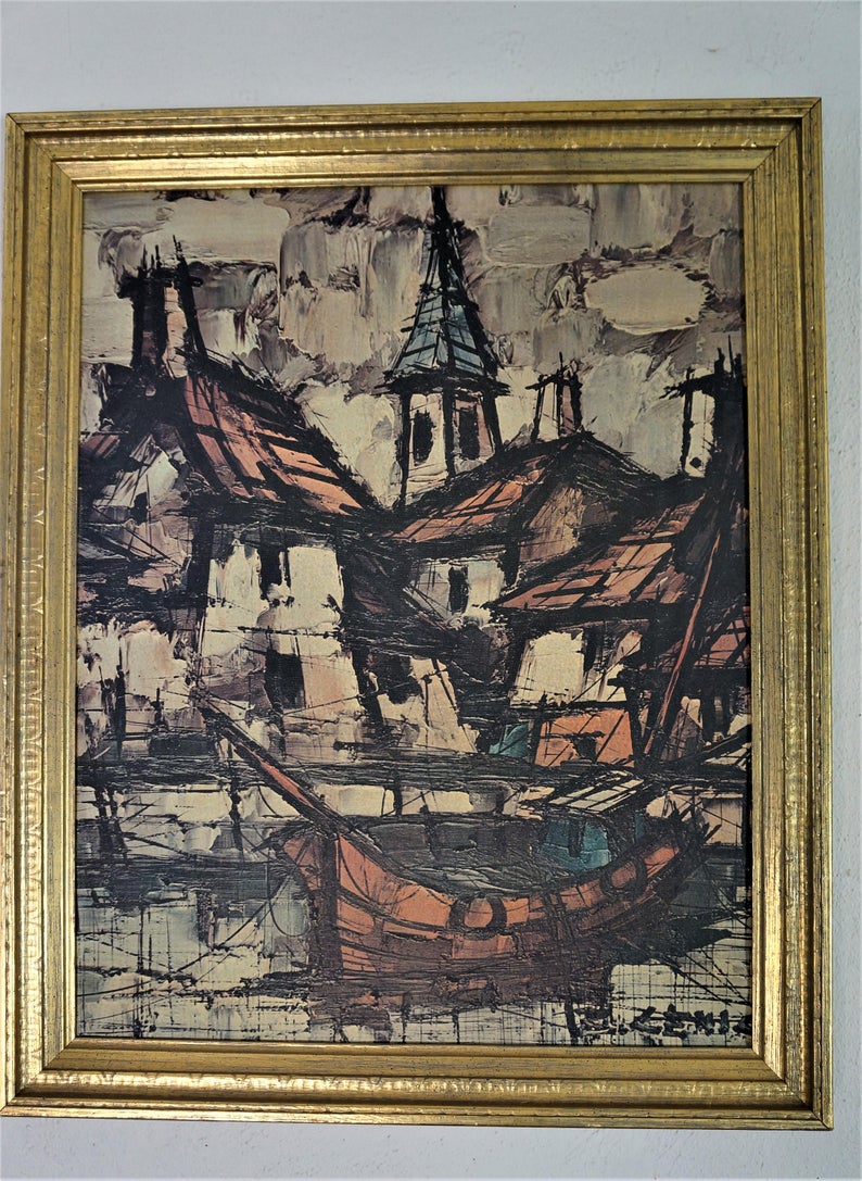 MCM Impressionist Mediterranean Harbor Scene Oil on Canvas Signed B ...