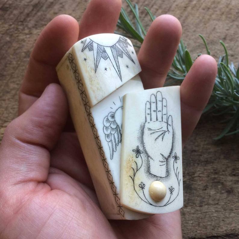 Patience: hand-engraved scrimshaw bone puzzle box | Schooner Chandlery