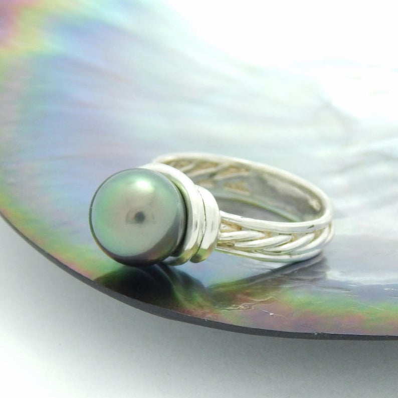 Silver Rope Design Ring with Tahitian Pearl | Schooner Chandlery