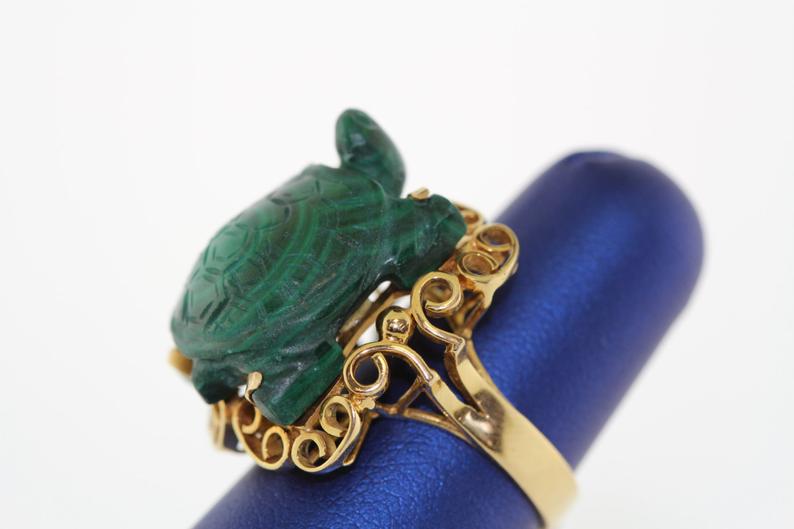 Unique ring, vintage ring, malachite, gold ring, turtle, wedding ring ...