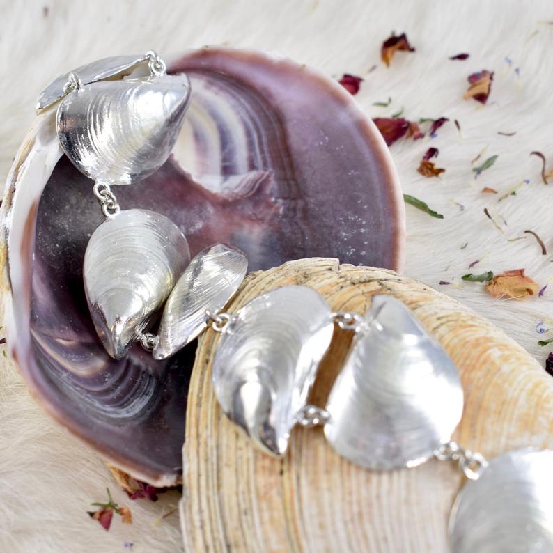 Silver Double Mussel Shell Bracelet // Nautical Bracelet // Sterling ...