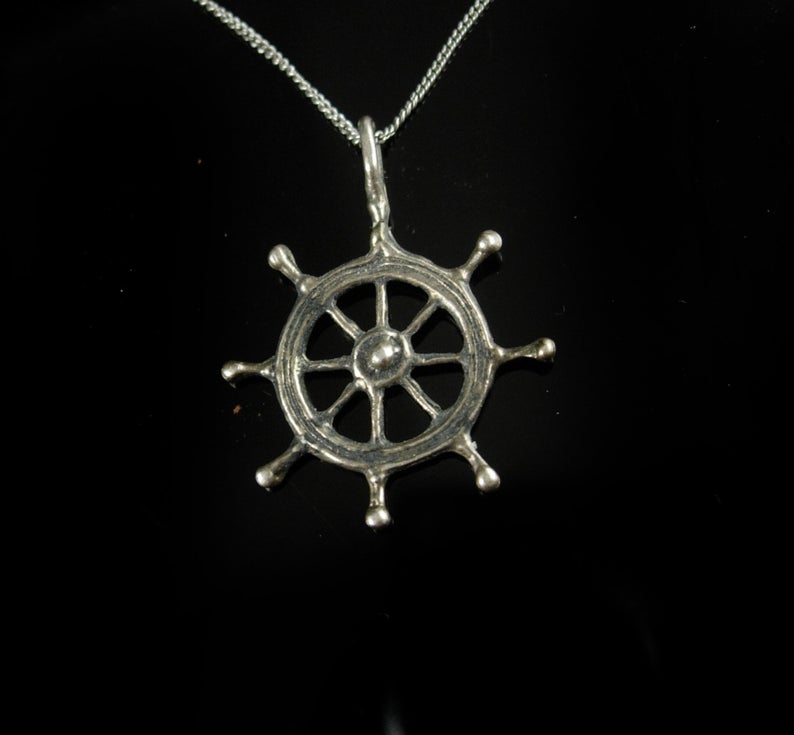 Vintage Sterling Ship Wheel Necklace silver 20" chain Sailors ...