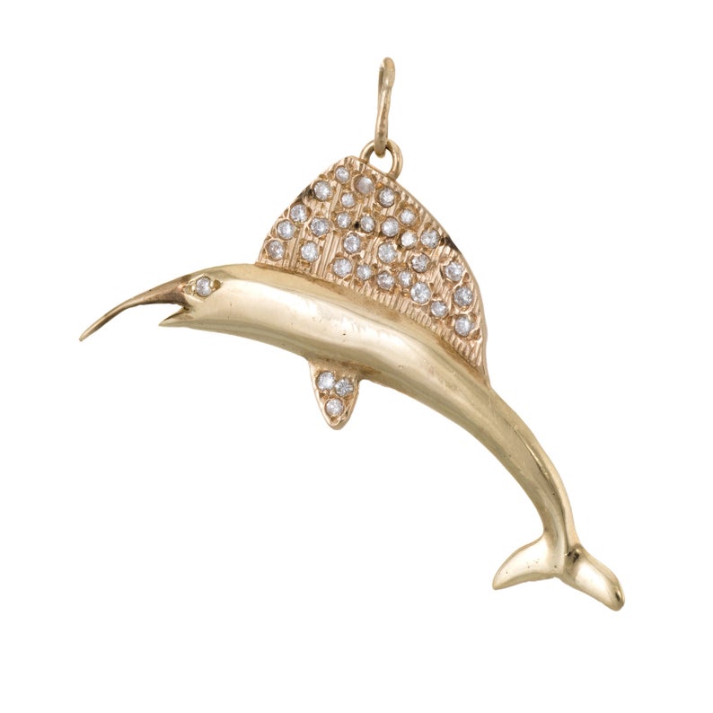 Marlin Fish Diamond Pendant Vintage 14k Yellow Gold Estate Fine Jewelry ...