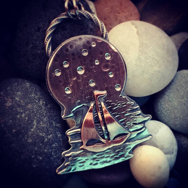 Moon And Sailboat Pendant Necklace On The Water Sailor Jewelry Summer ...