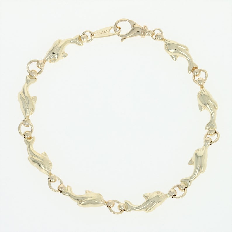 Dolphin Link Bracelet 6.5" - 14k Yellow Gold Fish Whale Beach Italy ...