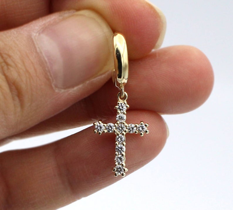 Cross Hoop Earring In Solid 14k Gold with Natural Diamonds hoop cross ...