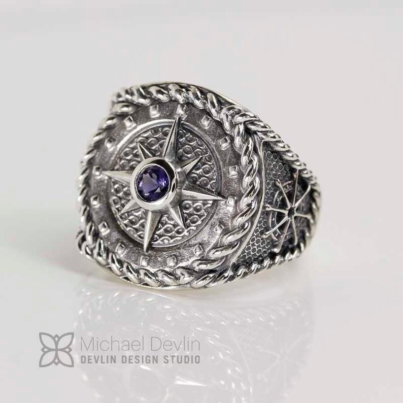 Nautical compass ring, Biker ring, silver mens ring | Schooner Chandlery