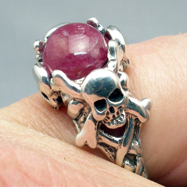 Natural Ruby Pirate Captain's Ring, Skulls and Cross Bones, Recycled ...