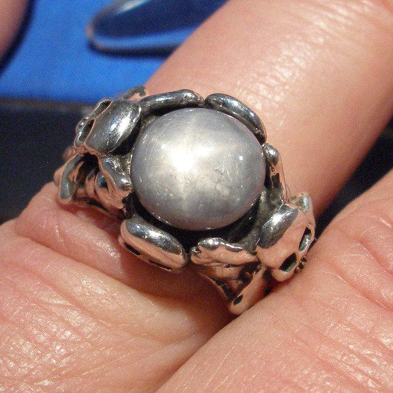 Natural Gray Star Sapphire Pirate Captain's Ring, Skulls and Cross ...