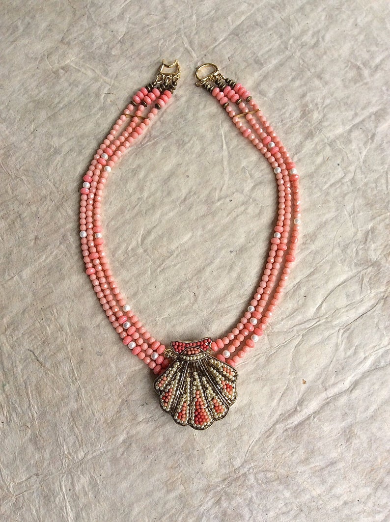 Vacation necklace coral shell pendant, seashell seed beaded, 2019 color ...