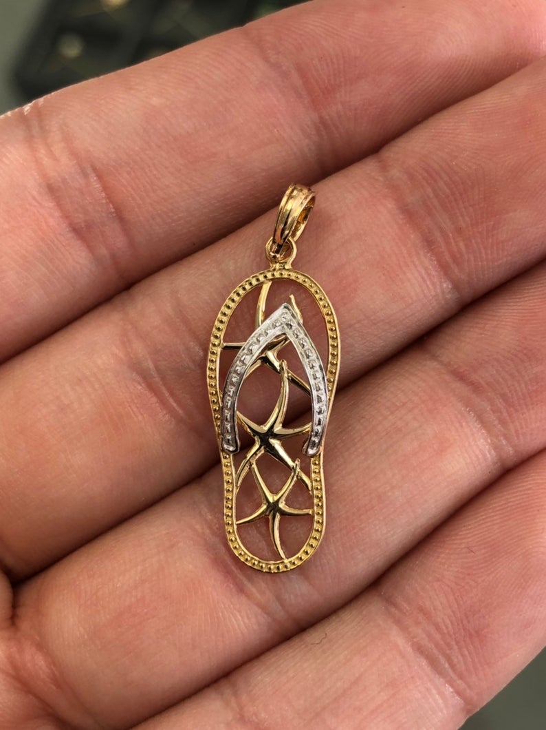 14K Beach Sandal Charm, Starfish Charm 14K Gold, Gold Beach Charm ...