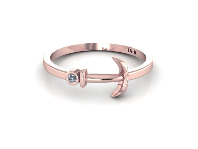 14K Gold Gold Anchor Ring Rose Gold Diamond Anchor Sailor Jewelry Marine Nautical Ring Stackable ...