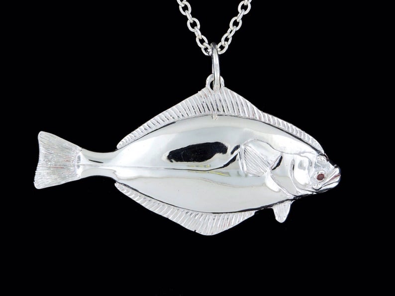 Sterling Silver Halibut with Red Diamond Eyes Pendant or Necklace ...
