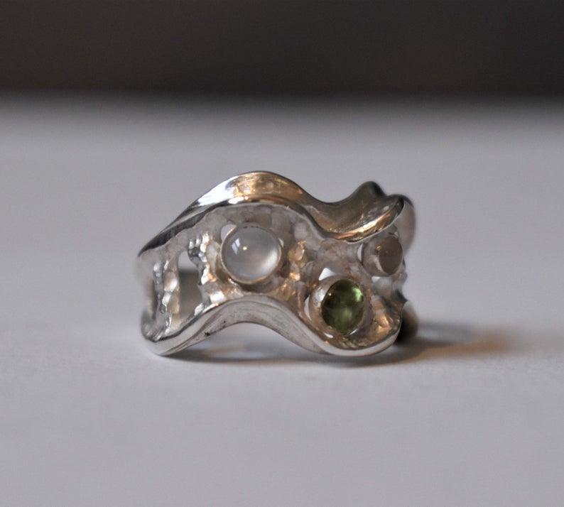 Sterling Silver Ring with Peridot, Moonstone and Chalcedony | Schooner ...