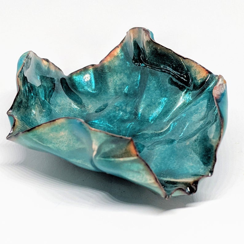 Blue Green Enamel Ring Bowl, Form Folded OOAK Decorative Trinket Dish ...