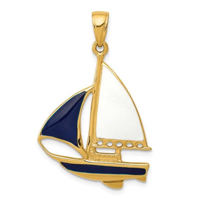 14K Yellow Gold Enamel Blue White Sailboat Sailing Nautical Pendant ...